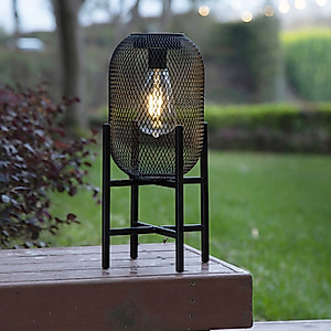 Solar Lantern Outdoor Waterproof Metal Hollow Out Standing Solar Light for Patio/ Garden/ Deck Warm Yellow Edison Bulb Solar Powered Lantern Decor