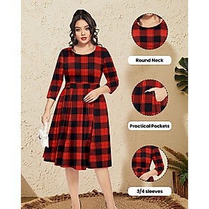 Plaid Dresses Women Plus Size Christmas Buffalo Black Red Holiday Xmas Party Fit Flare Pockets Long Sleeve Midi Dress