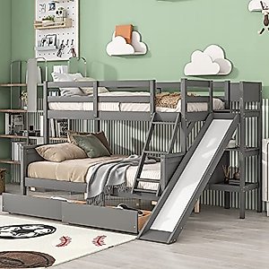 GLORHOME Twin Over Full Bunk Bed,Wooden Bunk Bed, Bunk Bed with Drawers,Slide,Grey