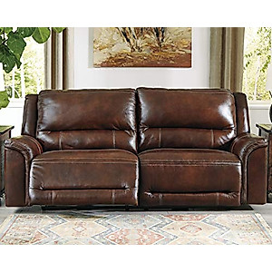 Signature Design by Ashley Catanzaro Leather 2 Seat Dual-Sided Power Reclining Sofa with USB Port, Brown