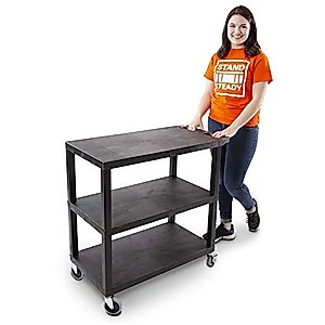 Stand Steady Flat Top Utility Cart by Tubstr | Heavy Duty Service Cart Supports 400 lbs. | Three Shelf Multipurpose Cart Perfect for Home, Garage, Catering, Warehouse & More! (Black / 35 x 18)