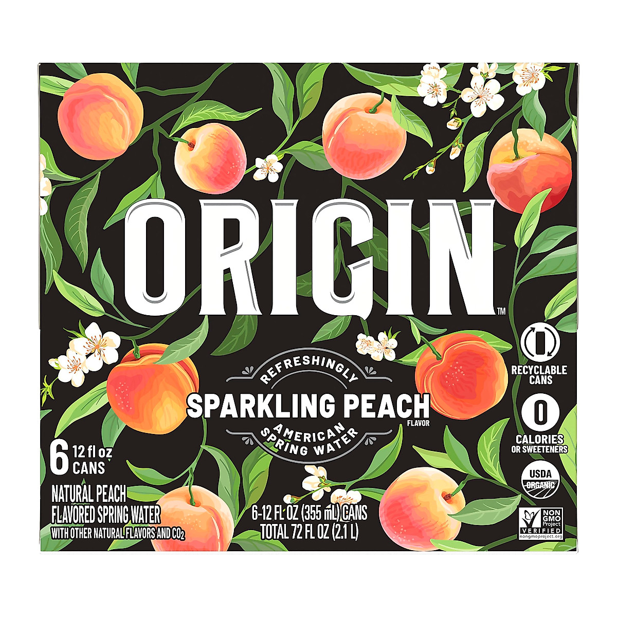 ORIGIN Organic & Non-GMO Peach Flavor Sparkling Water, 12 Fl Oz, Recyclable Aluminum Cans (6 Count)
