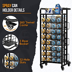 Nisorpa Spray Paint Can Holder 32 Slots Aerosol Can Storage Rack 8-Tier Metal Lube Can Holder Movable Spray Can Organizer Cart with 3 Baskets for Garage Craft Workroom Shop-1pc,Black