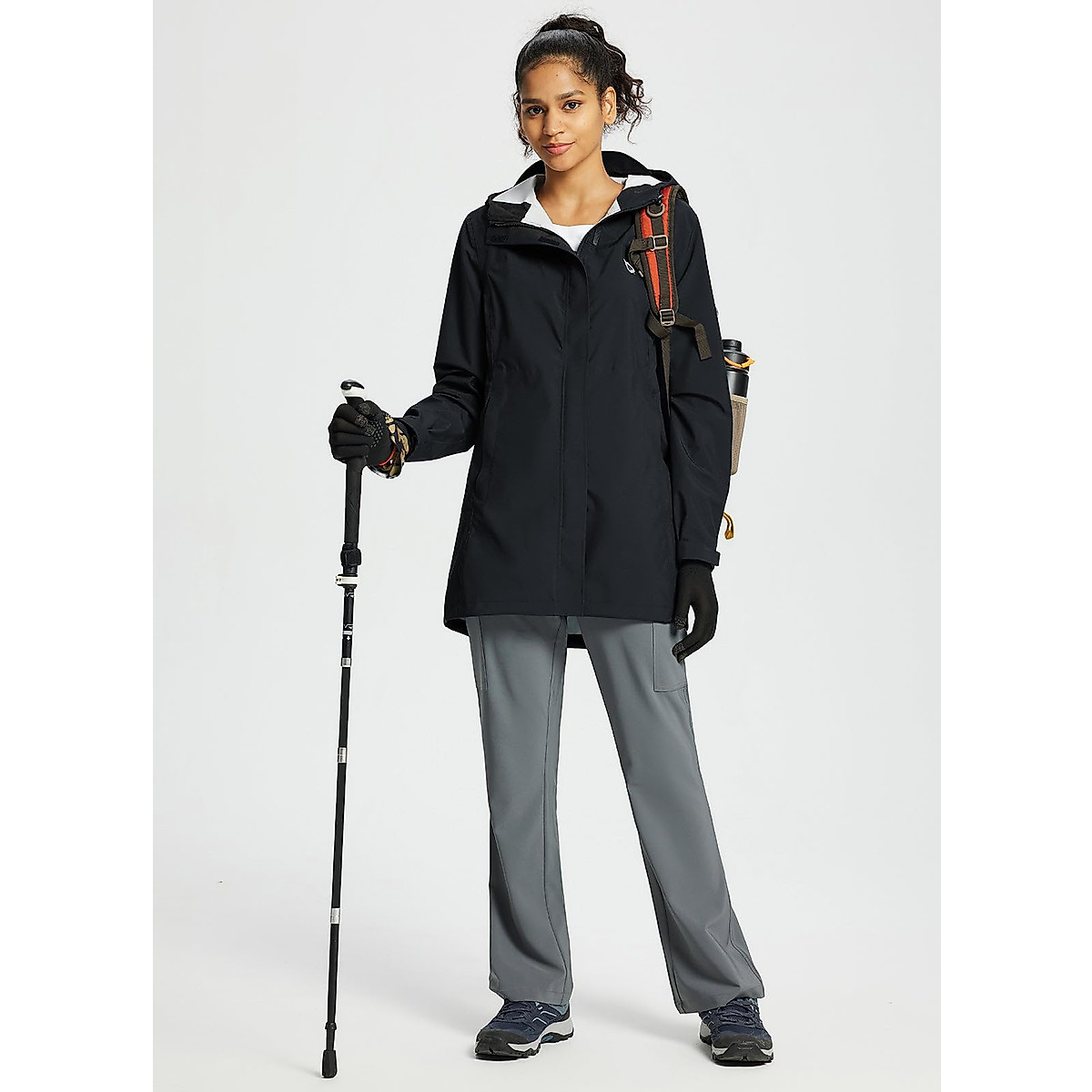 BALEAF Women's Rain Jacket Waterproof Lightweight Long Raincoat Travel Outdoor Hiking Hooded Windbreaker Black M