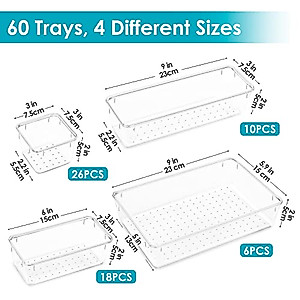 Vtopmart 60 PCS Drawer Organizer, 4-Size Clear Plastic Drawer Organizer Bins Containers for Bathroom and Vanity Storage, Home Organization for Makeup, Kitchen Utensils