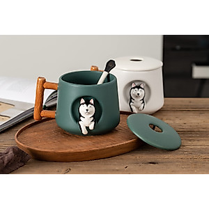 DIHOclub Ceramic Coffee Mug with Lid and Matching Spoon,Novelty 3D Husky Pattern Mug for Tea Milk Chocolate Juice,Cute Cup for Dog Lovers,Perfect Gifts-14 Ounces (green)
