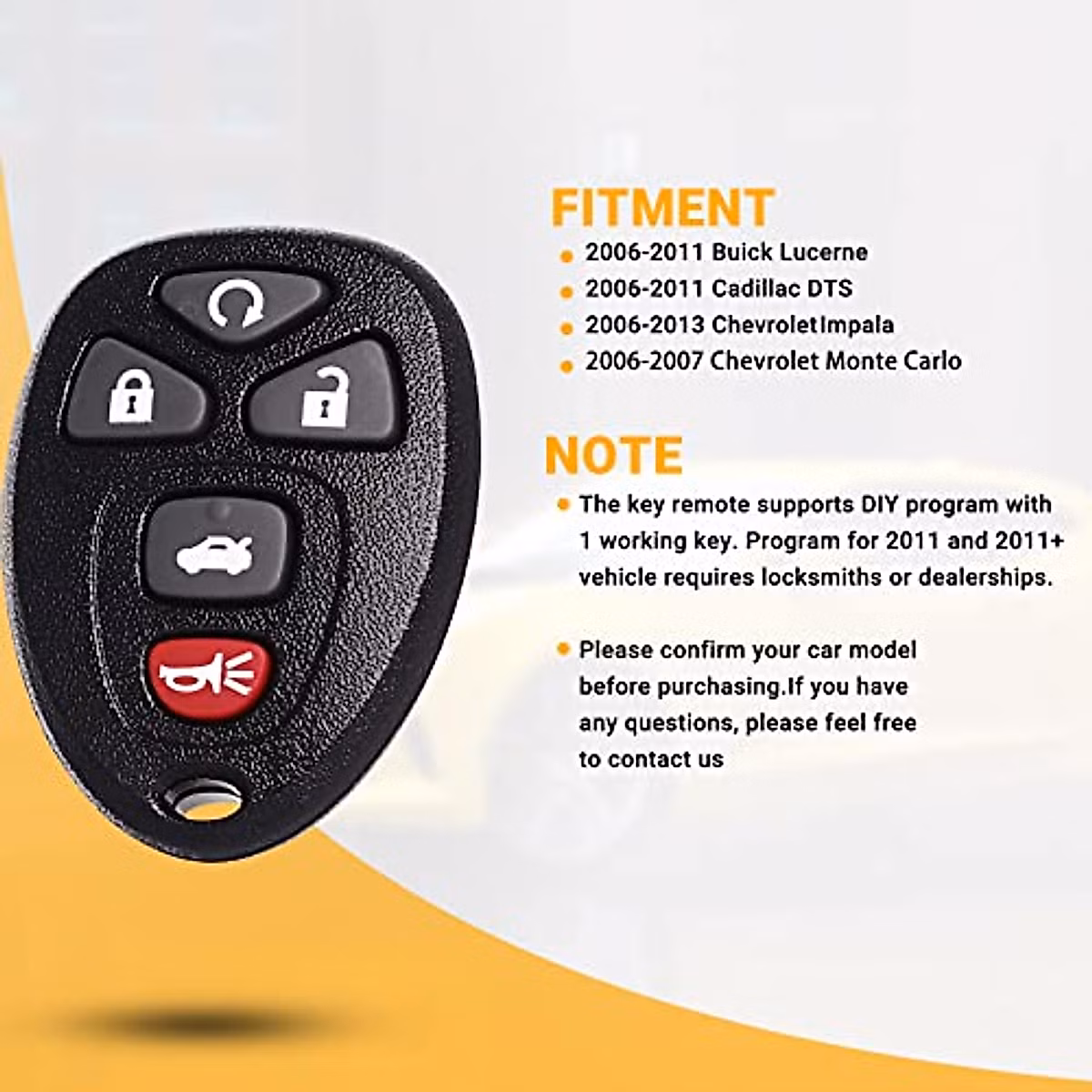 Key Fob Keyless Entry Remote Compatible with 2006-2013 Chevy Chevrolet Impala丨 Monte Carlo丨 Buick Lucerne 丨 Cadillac DTS Car Key Replacement 5 Buttons with FCC ID OUC60270, OUC60221