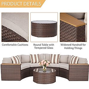 Incbruce Outdoor Half Moon Patio Furniture 5-Piece Curved Outdoor Sofa, All-Weather Outdoor Sectional Furniture Patio Conversation Sets with Round Tempered Glass Top Table(Brown Cushions)