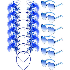 12 Pcs Tinsel Wrapped Ponytails Headband with Heart Shape Sunglasses Costume Party Faux Feather Headwear Bopper for Festival(Blue)