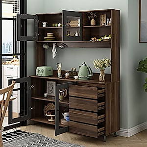 DiDuGo Kitchen Hutch Storage Cabinet with Glass Doors, Pantry with 4 Drawers & Shelves, Hanging Hooks, Metal Legs, for Hallway Deep Walnut (62.9”W x 15.7”D x 74.8”H)