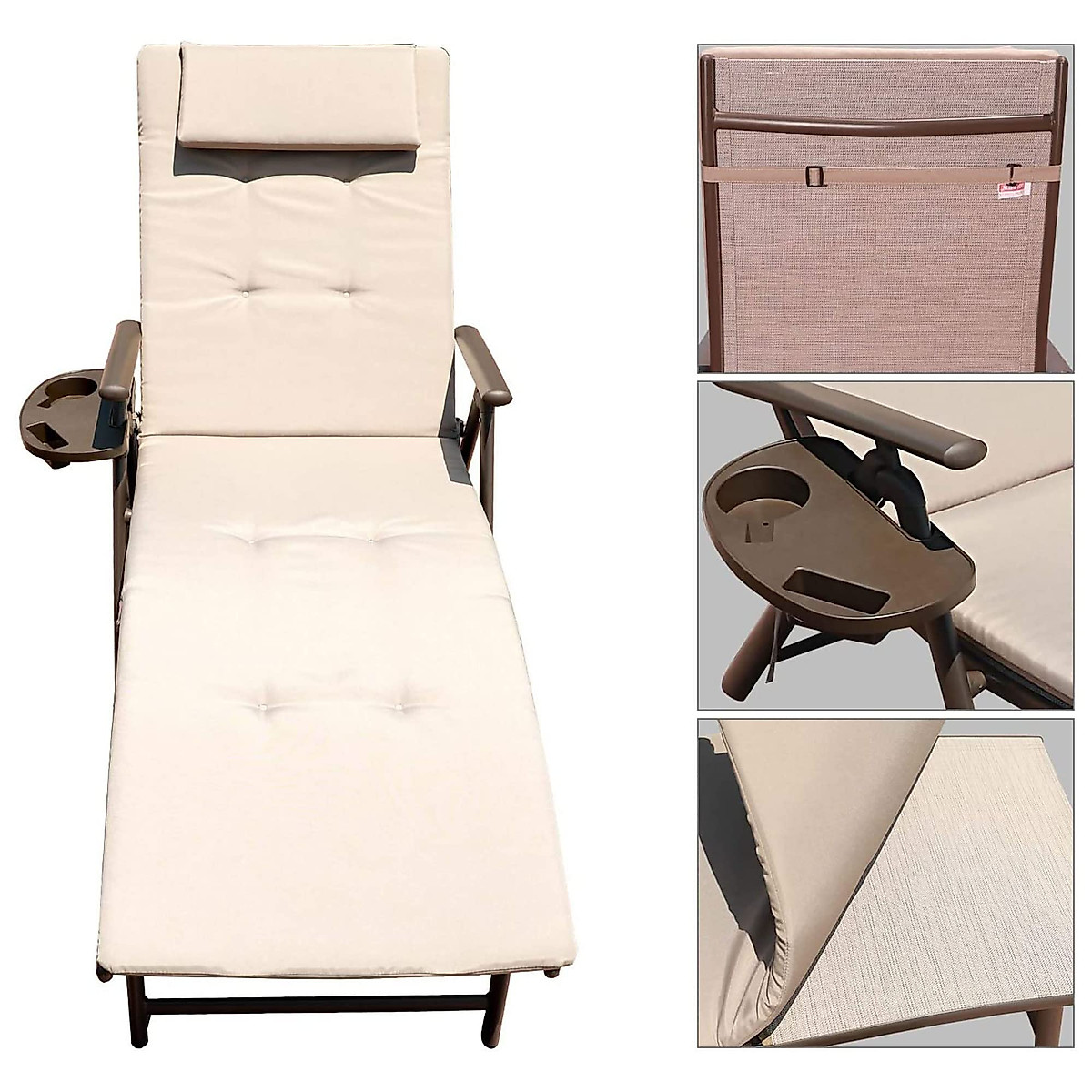 GOLDSUN Aluminum Outdoor Folding Reclining Lounge Chair (Beige with Caramel, Single)