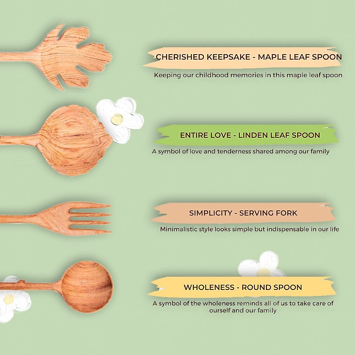 BVicHair 4 Wooden Spoons and Forks Set, Set Wooden Salad Spoons, Real Housewives Gifts, Kitchen Gifts for Women, Handmade Gifts for Mother's Day, Cute Kitchen Accessories, Unique Kitchen Gifts