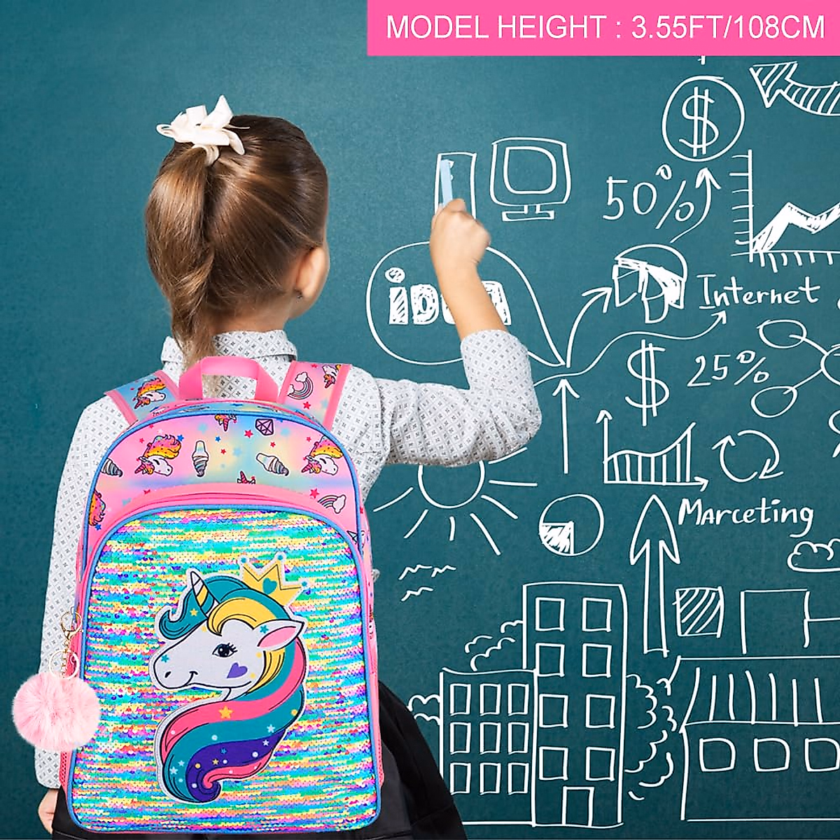 AGSDON 3PCS Unicorn Backpack for Girls, 16" Little Kids Sequin Preschool School Bookbag and Lunch Box