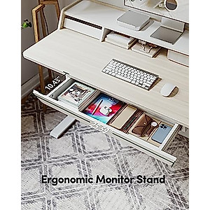BANTI Height Adjustable Electric Standing Desk with Three Drawers, 48 x 25 Inch Table with Storage Shelf, Sit Stand Desk with Storage Space, Splice Board with White Frame/Light Walnut Top, 48 inch