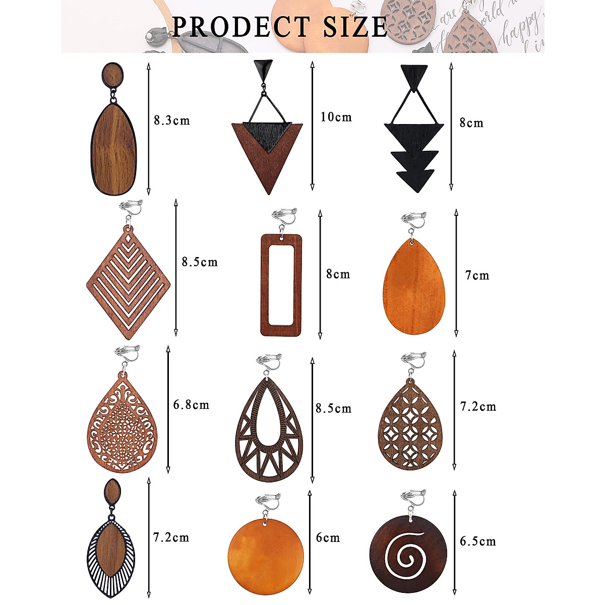 PATISORNA 12 Pairs Wooden Clip on Earrings for Women African Natural Wooden Dangle Earrings Lightweight Drop Earrings Ethnic Statement Drop Earrings Set Style A