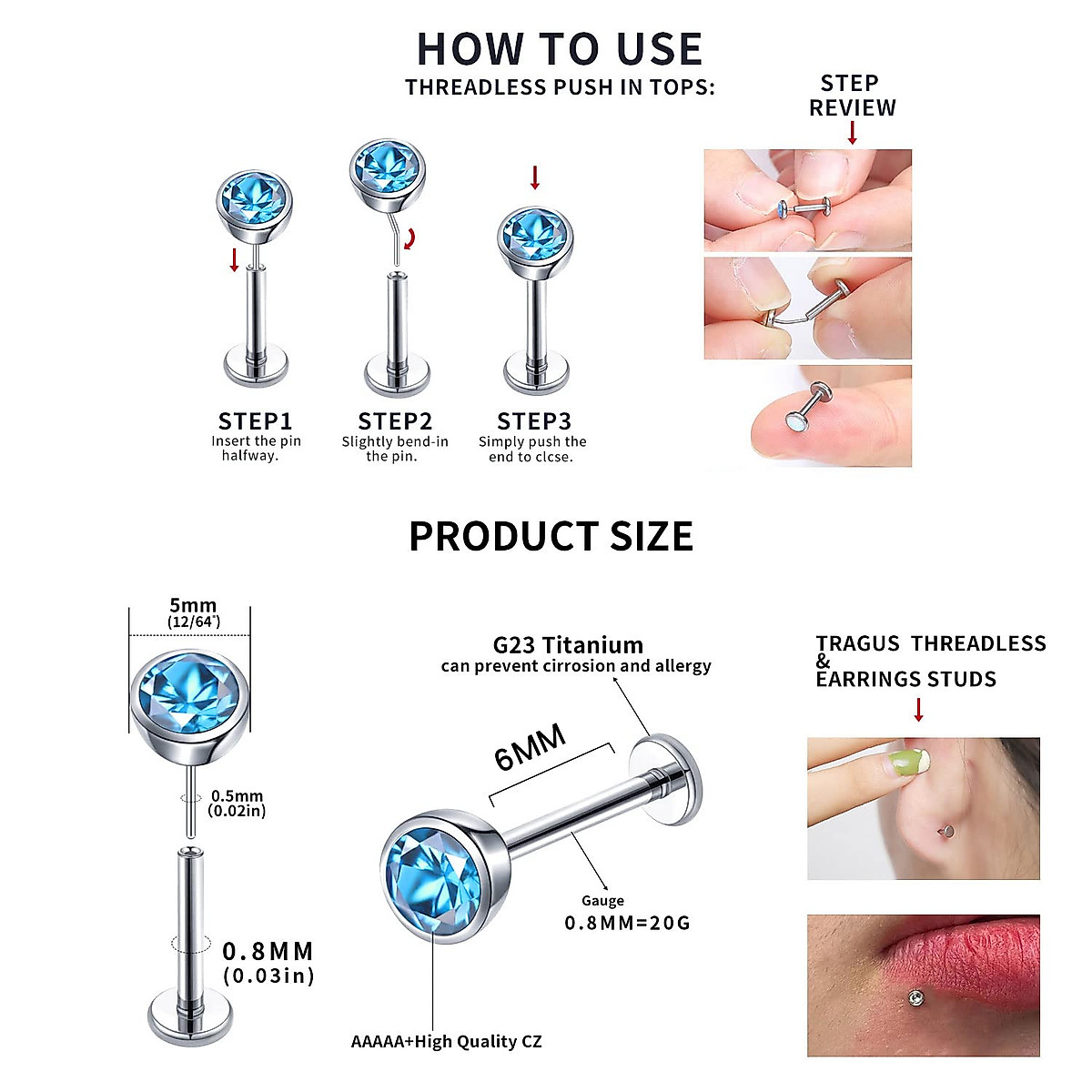 VOJO Flat Back Stud Earrings 20G G23 Titanium CZ Hypoallergenic Threadless Cartilage Piercing Jewelry for Women (20G 6mm, Blue CZ)