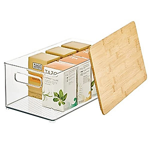 mDesign Plastic Stackable Storage Organizer Container Bin with Handles, Bamboo Wood Lid; for Kitchen, Pantry, Cabinet Organization; Holds Packaged Food, Snacks; Ligne Collection, 8 Pack, Clear/Natural