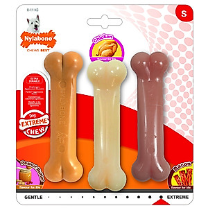 Nylabone Extreme Tough Dog Chew Toy Bones, Peanut Butter, Chicken, Bacon Flavoured, 3-Piece, Small, for Dogs Up to 11 kg