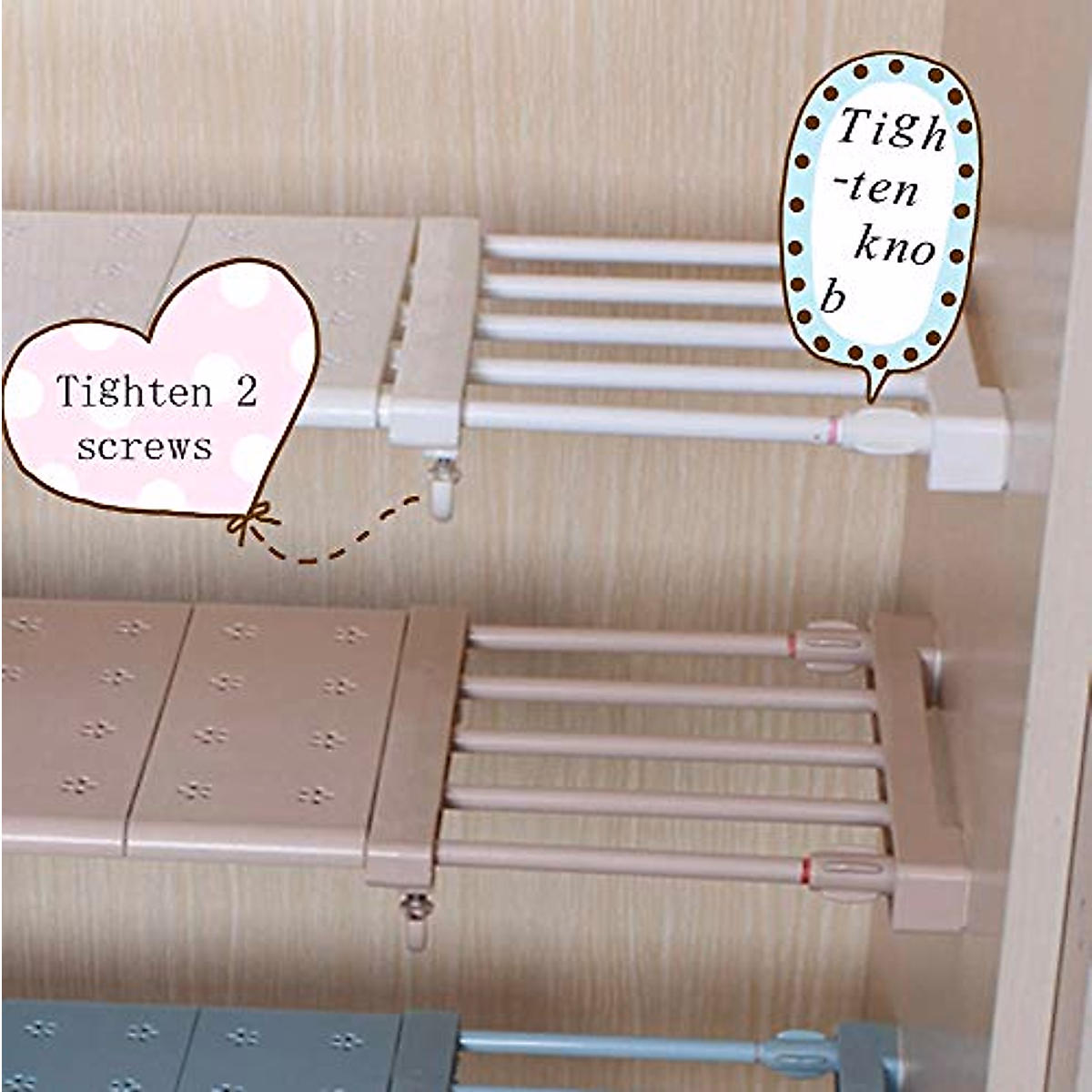 Ifever Adjustable Closet Tension Rod Shelf Expandable Organizer Divider Separator for Cabinet Wardrobe Cupboard Kitchen Bathroom (Beige, 11-15 Inch)