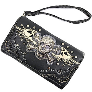 Justin West Women's Rhinestone Skull Crossbones with Angel Wings Shoulder Handbag (Black Wallet Only)