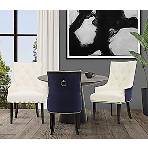 Iconic Home Cadence Dining Side Chair Button Tufted PU Leather Velvet Polished Brass Nailheads Espresso Finished Wooden Legs, Navy – White, Modern Transitional