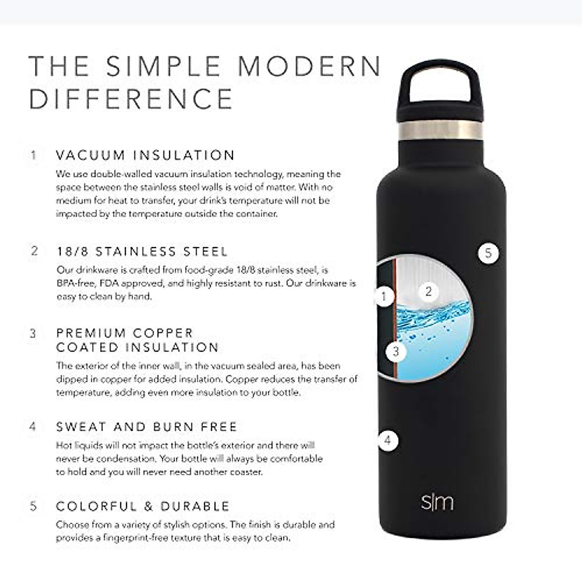 Simple Modern Insulated Water Bottle with Handle Lid 1 Liter Reusable Ascent Narrow Mouth Stainless Steel Thermos Flask, 32oz Handle Lid, Midnight Black