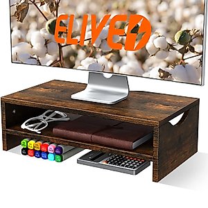ELIVED Monitor Stand Riser, 2 Tiers Wood Monitor Riser Stand with Desktop Shelf Storage Organizer, Ergonomic Desk & Tabletop Organizer Desktop Stand for Laptop Computer, MacBook, PC(Rustic Brown)
