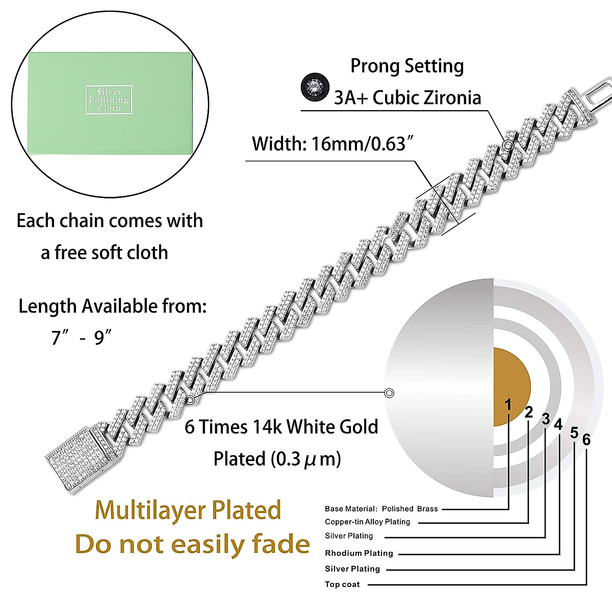 TOPGRILLZ 14mm 6 Times 14K Gold Plated Iced out Lab Diamond Miami Cuban Link Bracelet for Men with Box Clasp Hip Hop (7, rhodium-plated)