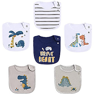 Maiwa 6 Pack Cotton Waterproof Dinosaur Baby Bibs for Boys for Drooling Eating Teething with Snaps,OEKO-TEX certified print