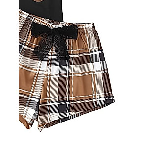 SweatyRocks Women's 2 Piece Pajama Set Graphic Short Sleeve Tee Shirt and Cute Plaid Shorts Black Brown Large