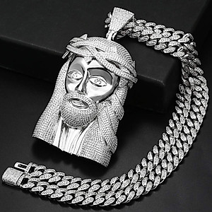 TUHE Oversize 3D Hip Hop Religious Jesus Head Pendant Necklace 18K Gold Plated AAA CZ Iced Out Chain Necklace for Men Women, Bling Bling Jewelry Charm Necklace with 24in Big Size Iced Out Cuban Chain…