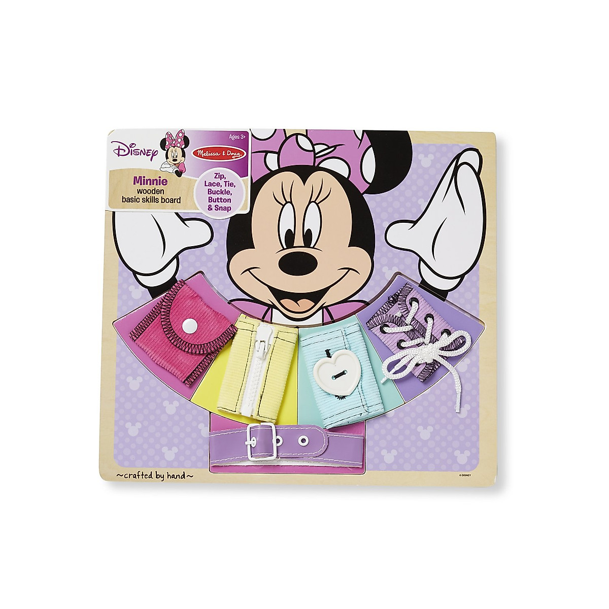 Melissa & Doug Disney Minnie Mouse Wooden Basic Skills Board - Zip, Lace, Tie, Buckle, Button, and Snap