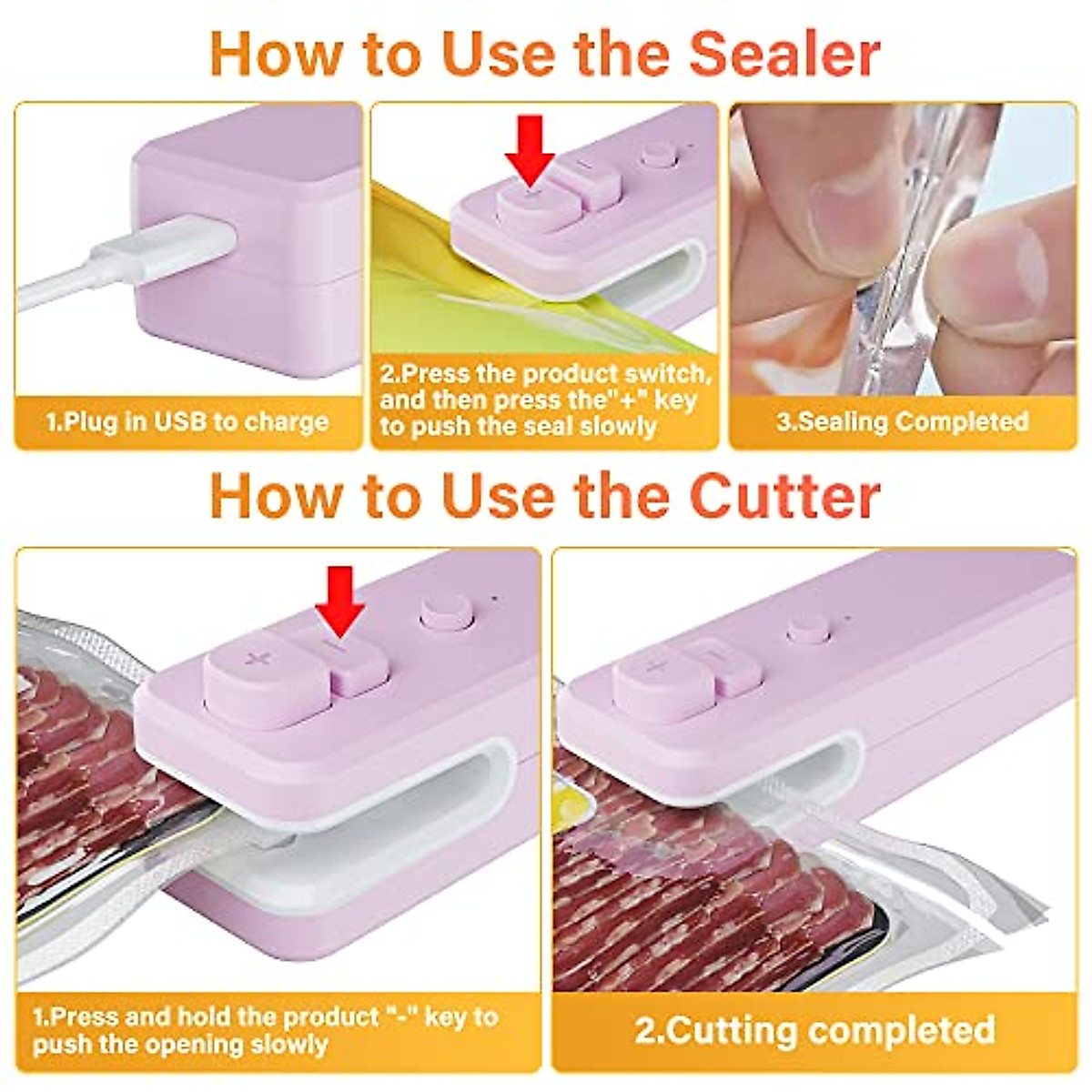 Uluck Mini Bag Sealer,Rechargeable Handheld Plastic Bag Resealer, 3 in 1 Heat Sealer and Cutter,Comes with USB C Cable Power Cable for Chip Bags, Plastic Bags, Snack Bags(No battery required) (Pink)