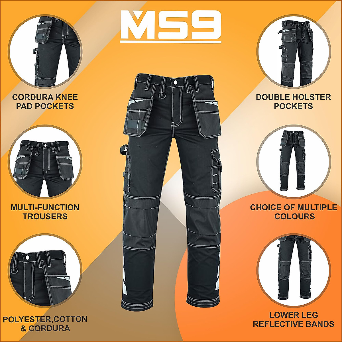 MS9 Men's Work Pants Casual Tactical Trousers Jeans with Holster Pockets Black