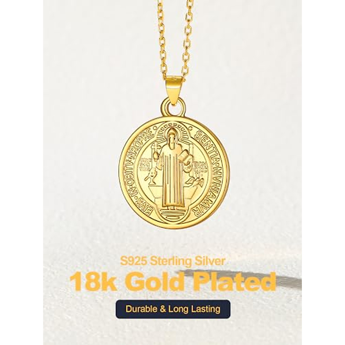 U7 Women Men 18K Gold Plated 925 Sterling Silver 1.5mm Dainty Chain & Coin Saint Benedict Pendant Necklace
