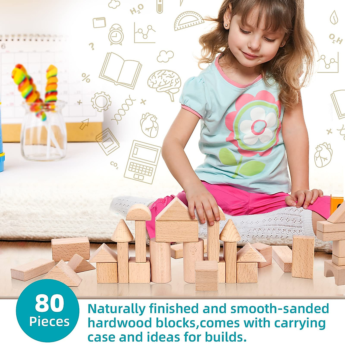 Timfuis Wooden Building Blocks Set, 80 PCS Natural Wood Stacking Block Toy with Carrying Bag, Montessori Learning Birthday Gifts for 3 4 5 Year Olds Toddlers Kids Boys Girls Children