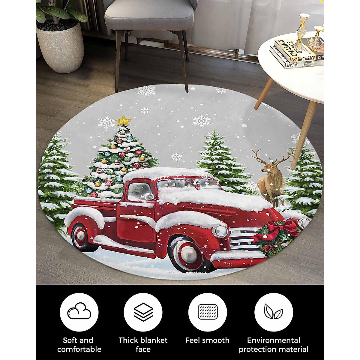 Christmas Fluffy Round Area Rug Carpets 3ft, Plush Shaggy Carpet Soft Circular Rugs, Non-Slip Fuzzy Accent Floor Mat for Living Room Bedroom Nursery Decor Snowy Red Truck Forest Winter Elk Tree Grey