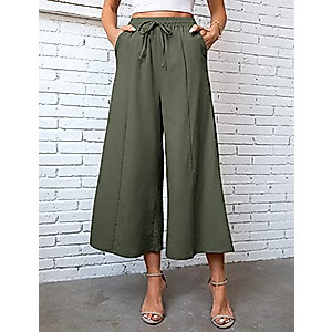 KTILG Linen Pants for Women Casual Loose Fit Palazzo High-Waisted Wide-Leg Culottes Trousers Pants with Pockets Army Green