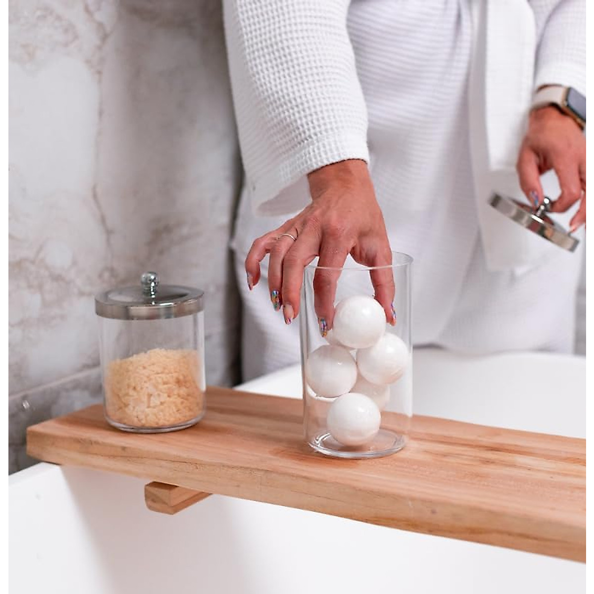 Huang Acrylic Chrome Lid Clear Cosmetic Container | Store Q-Tips, Cottonballs, Cotton Rounds | Perfect Counter Top or Shelf Storage | Large