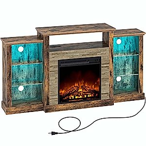 Rolanstar Fireplace TV Stand with Led Lights and Power Outlets, TV Console for TVs up to 65", Entertainment Center with Adjustable Glass Shelves, Rustic Brown