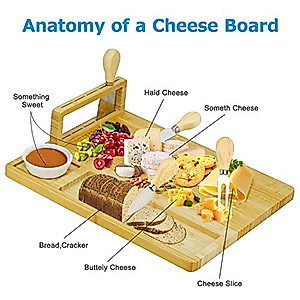 Bamboo Cheese Board and Knife Set - Charcuterie boards Bamboo Wood Cutting Platter and Cheese Serving Tray for Wine, Crackers,Brie, Fruits, Bread and Meat