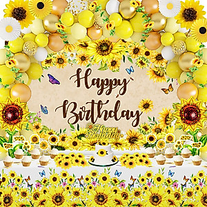 Sunflower Birthday Party Decoration Pack, 111 Pcs Baby Shower Party Supplies Wedding Decors (including Sunflower Backdrop, Tablecloth, Artificial Sunflowers and A Garland, Cake Topper, Balloon