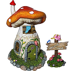 Mood Lab Fairy Garden - Mushroom House Kit with Miniature Welcome Sign - Accessories Set of 2 pcs - 7.6 Inch Tall House