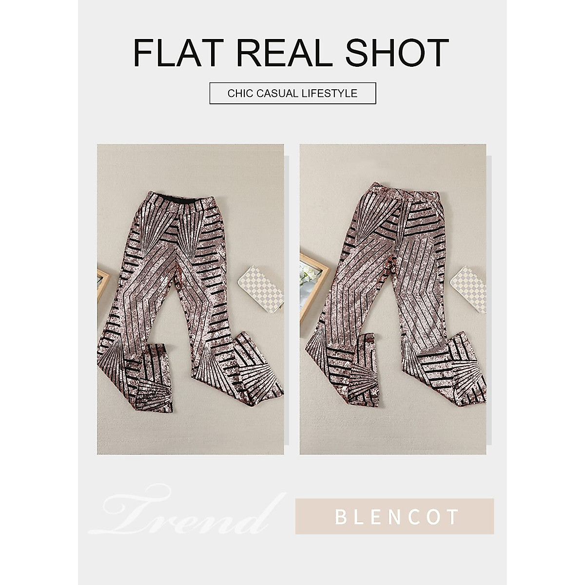 BLENCOT Bell Bottoms for Women High Waisted Wide Leg Palazzo Pants Bling Sequin Flared Trousers Brown XL