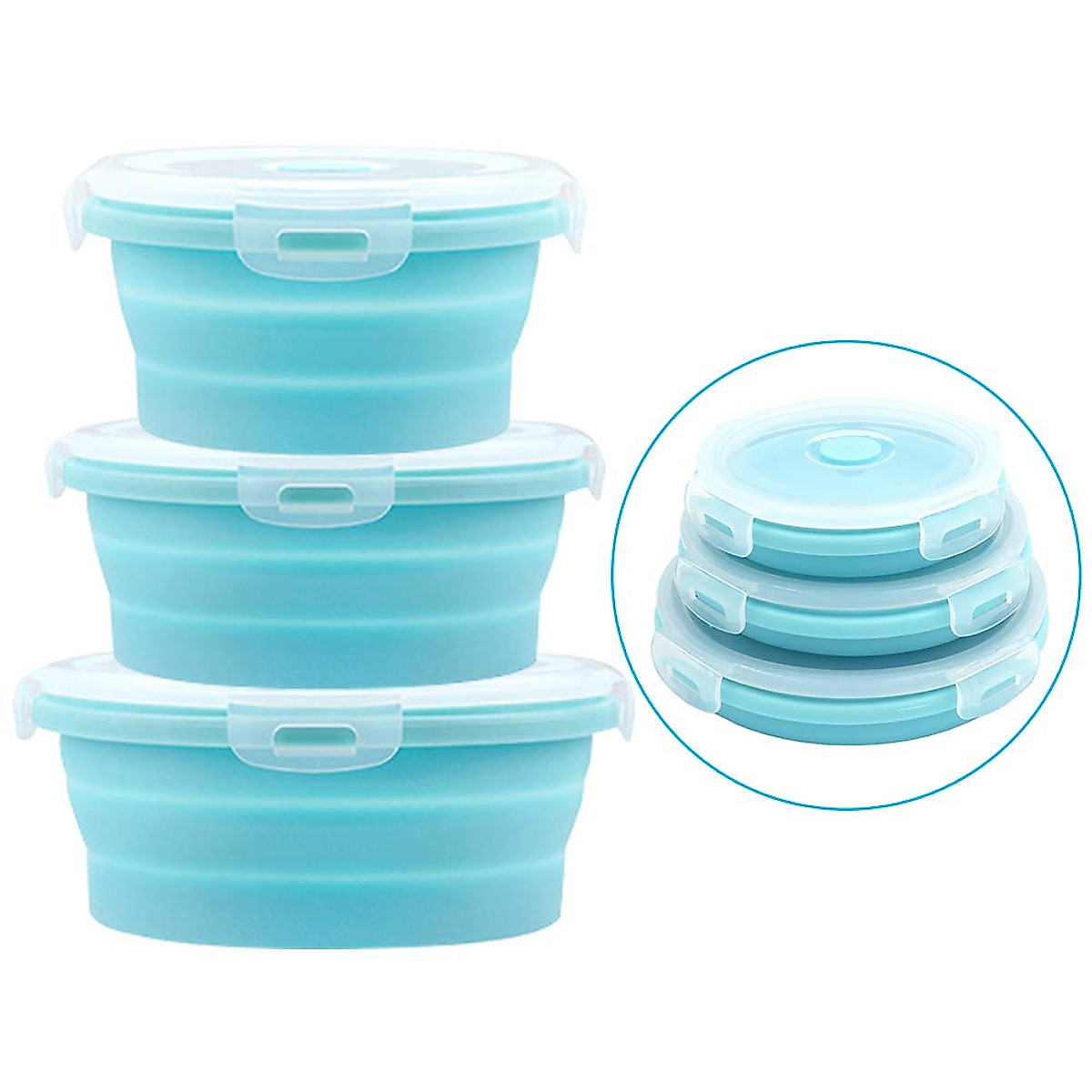Collapsible Bowls, GLE2016 Silicone Collapsible Food Storage Containers with Lids for Camping, Round Silicone Lunch Containers, Microwave, Dishwasher and Freezer Safe (3, Blue)