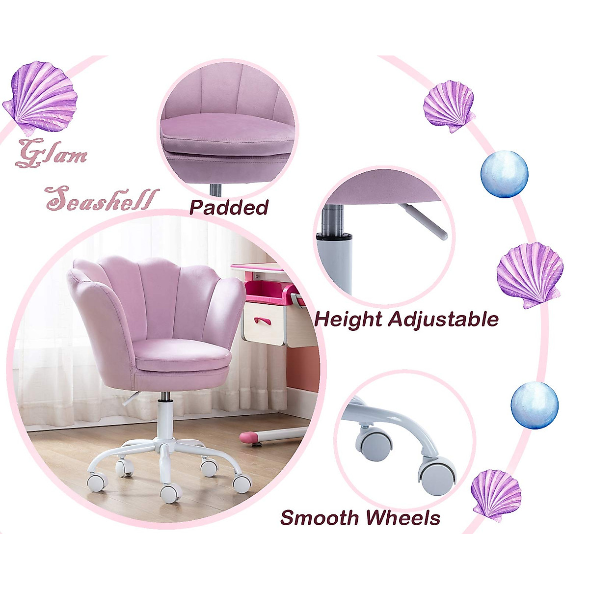 DM Kids Desk Chair Ergonomic Reading Study Computer Chair for Students Cute Modern Upholstered Velvet Swivel Rolling Arm Chair for Girls Bedroom, Seashell Back Adjustable Vanity Chair (Purple)