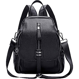 Roxie Genuine Leather Backpack Purse Medium Size Casual Daypack Fashion Satchel Convertible Shoulder Bag for Women Black 12 Inch