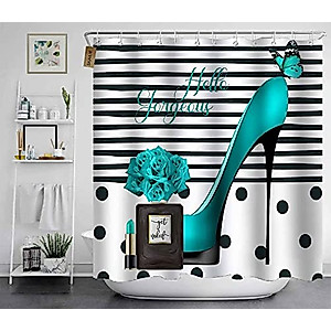 SKAILIÉ 4PCS Teal High Heels Shower Curtain Set, Hello Gorgeous Turquoise Rose Butterfly Lipstick Perfume Makeup Black and White Striped Polka Dot Modern Fashion Girl Bathroom Decor, Non-slip Bath Mat
