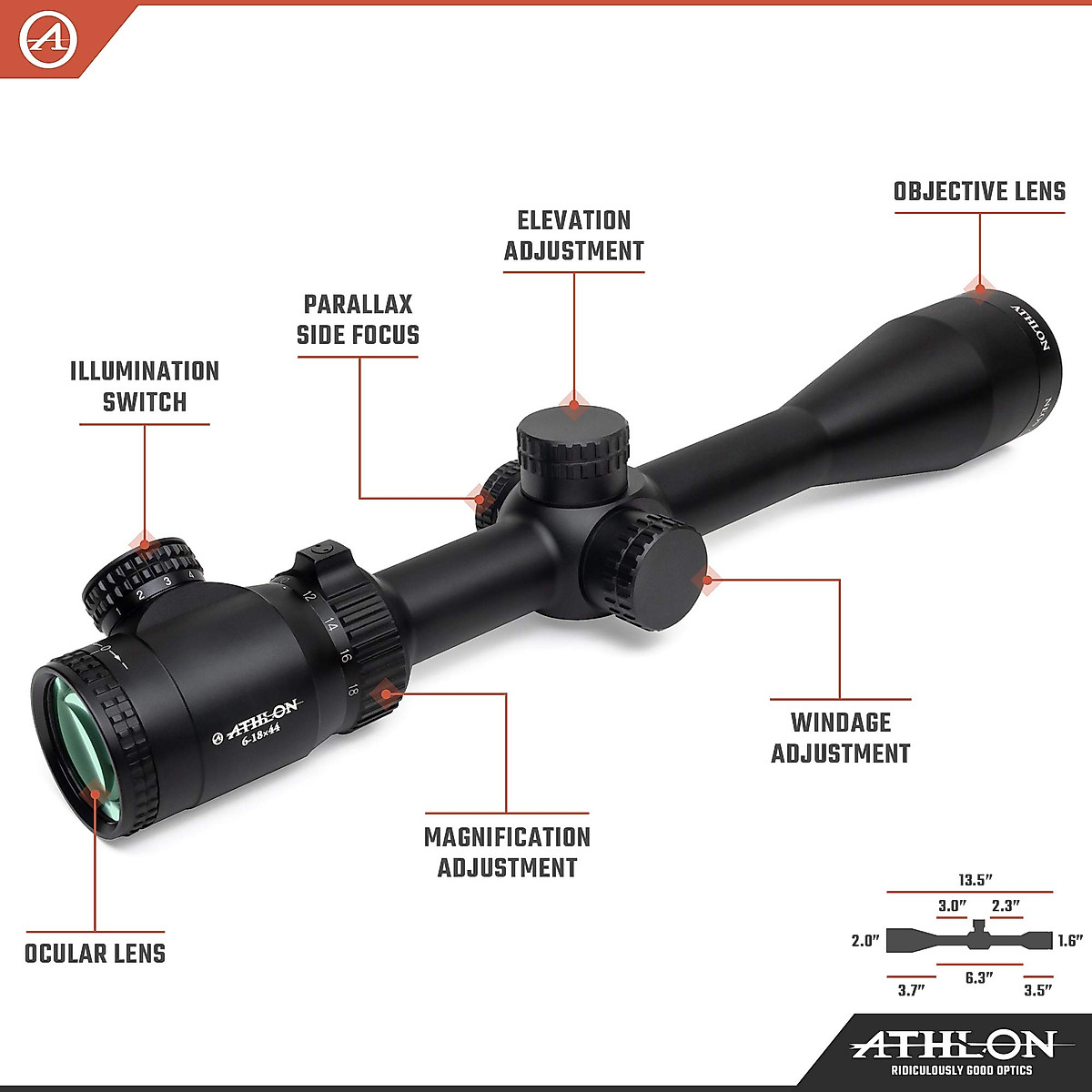 Athlon Optics , Neos , Riflescope , 6-18 x 44 Second Focal Plane (SFP) 1" Tube, Illuminated BDC 500 Reticle , Black