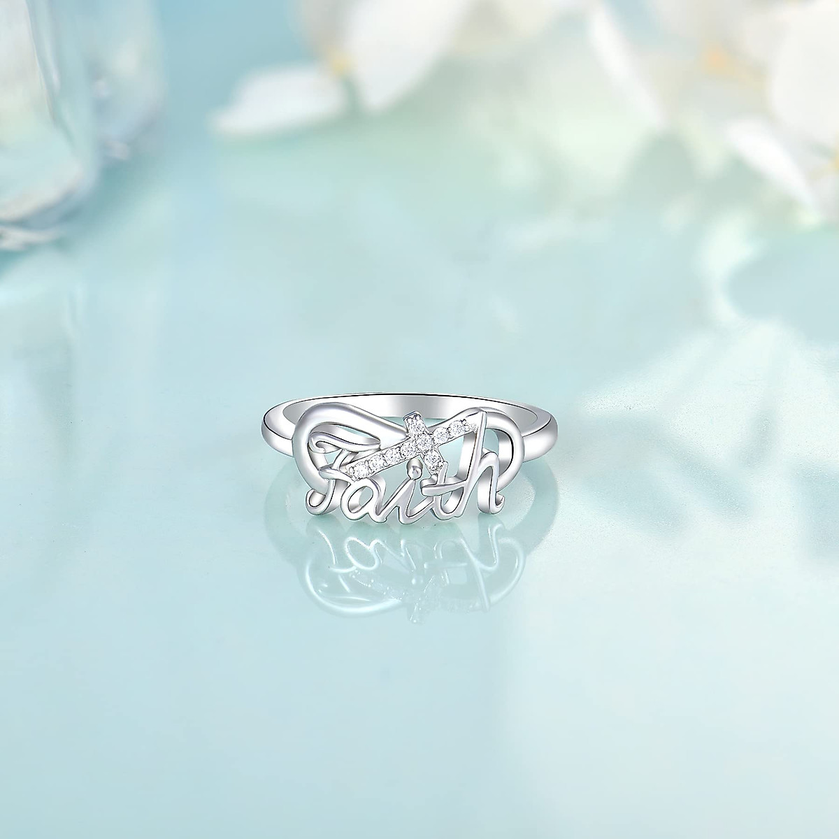 FJ Infinity Cross Ring 925 Sterling Silver Faith Hope Believe Ring Religious Jewelry Gifts for Women Size 7